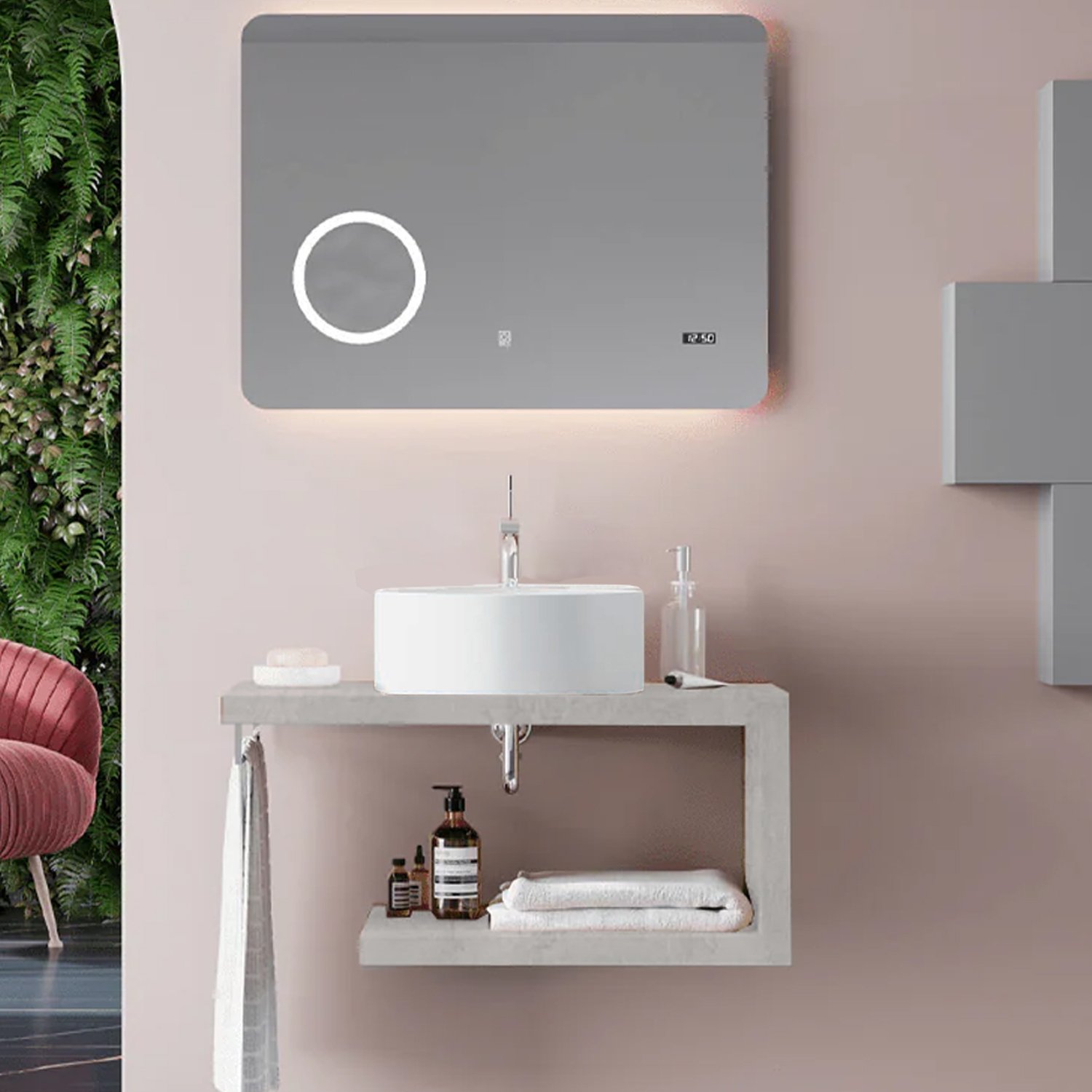 Open bathroom cabinet with ceramic countertop washbasin and 80 cm ...